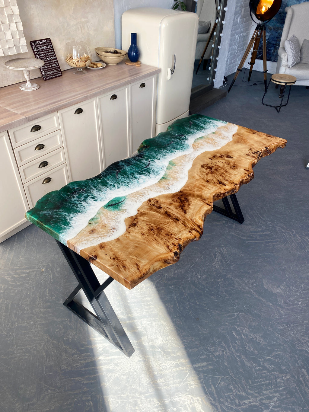 Ocean Wave Resin Table with Glowing Sharks – ThunderWood Studio
