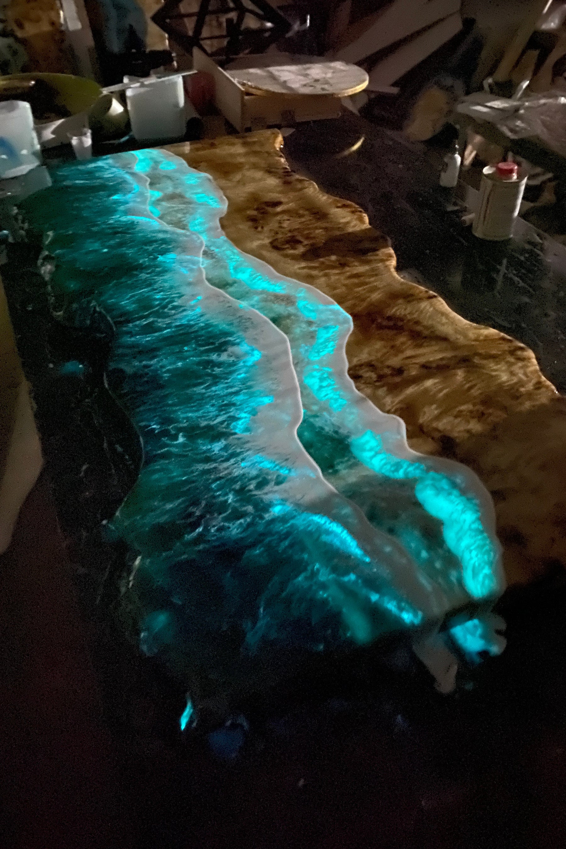 Ocean Wave Resin Table with Glowing Sharks – ThunderWood Studio